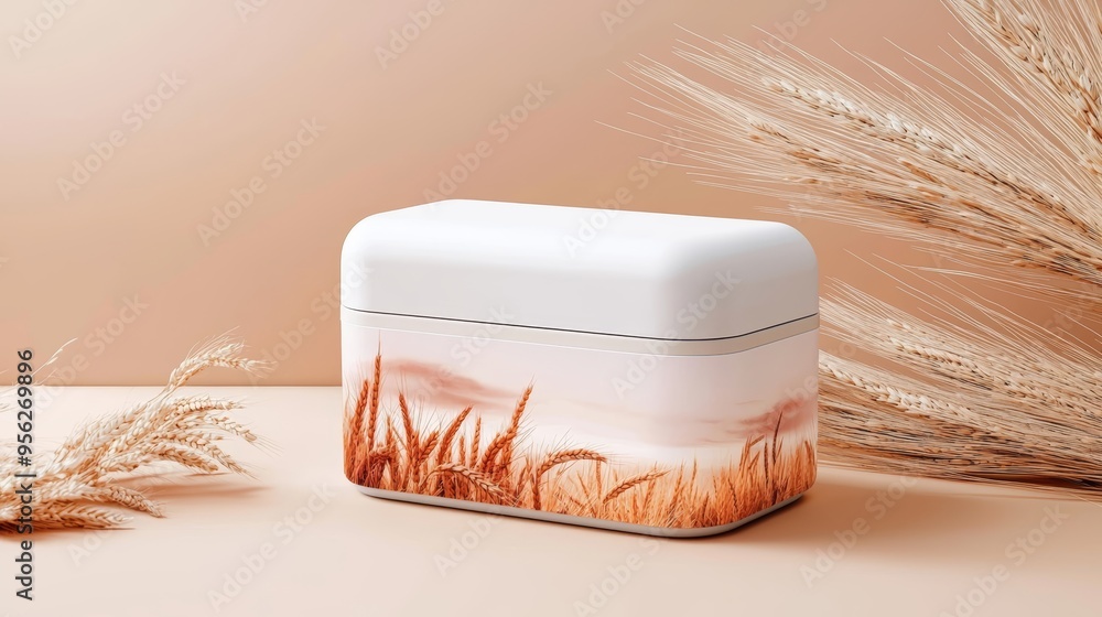 A rice box mockup incorporating a design of gently curved lines ...
