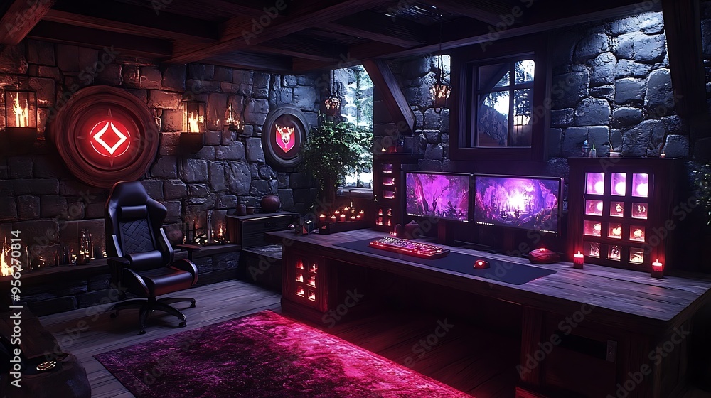 A fantasy-themed gaming room, with heavy wooden beams, stone walls, and ...