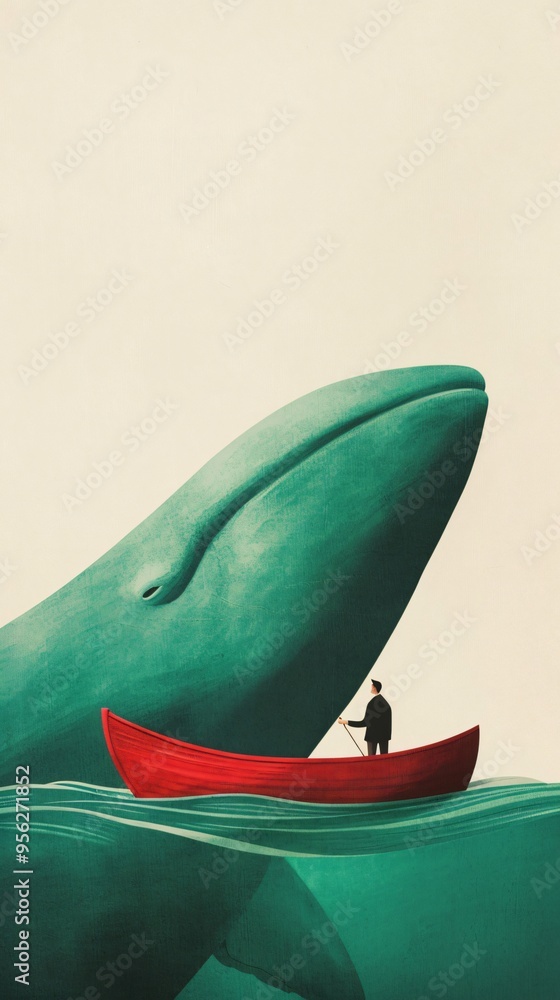 Moby Dick Huge Whale and Man on a small boat Illustration Stock ...