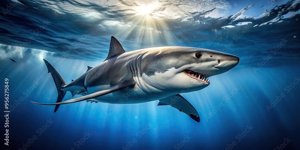 Great white shark swimming in deep sea with high speed photography ...