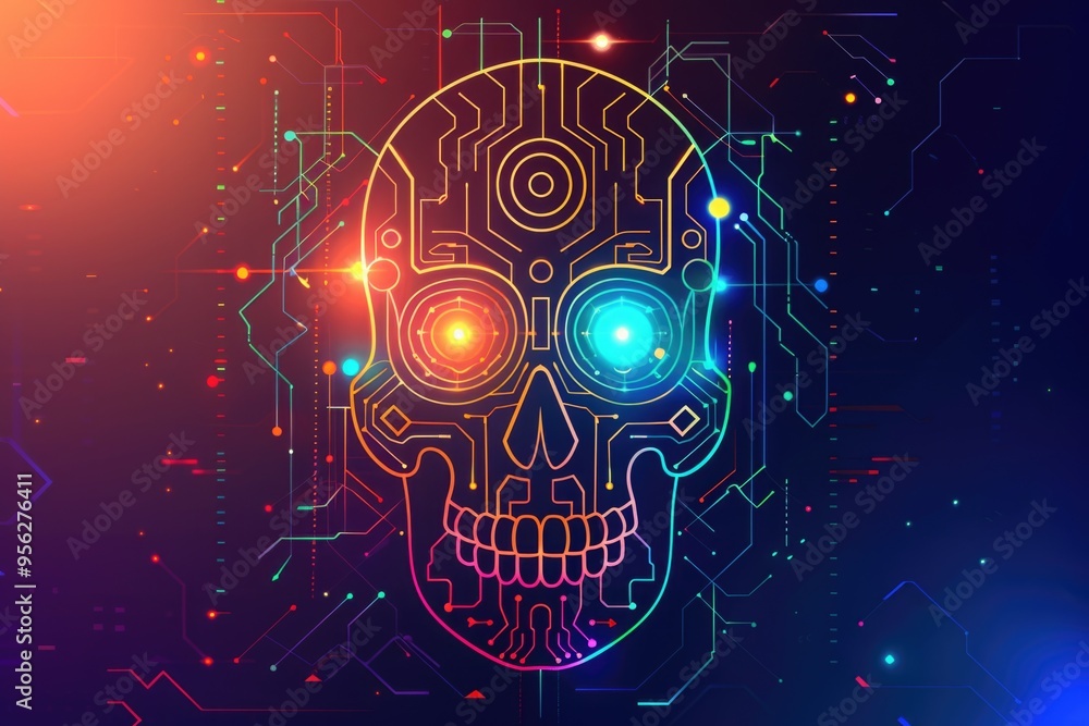 Futuristic neon cyber skull with circuitry patterns, glowing in vibrant ...