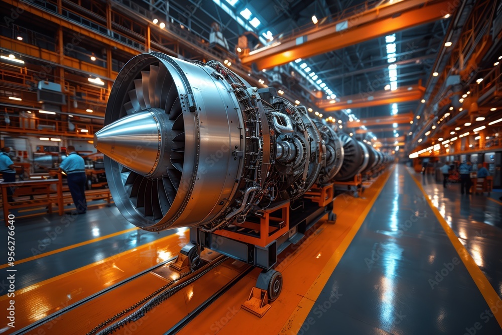 Large aerospace factory showcasing multiple jet engines on an assembly ...