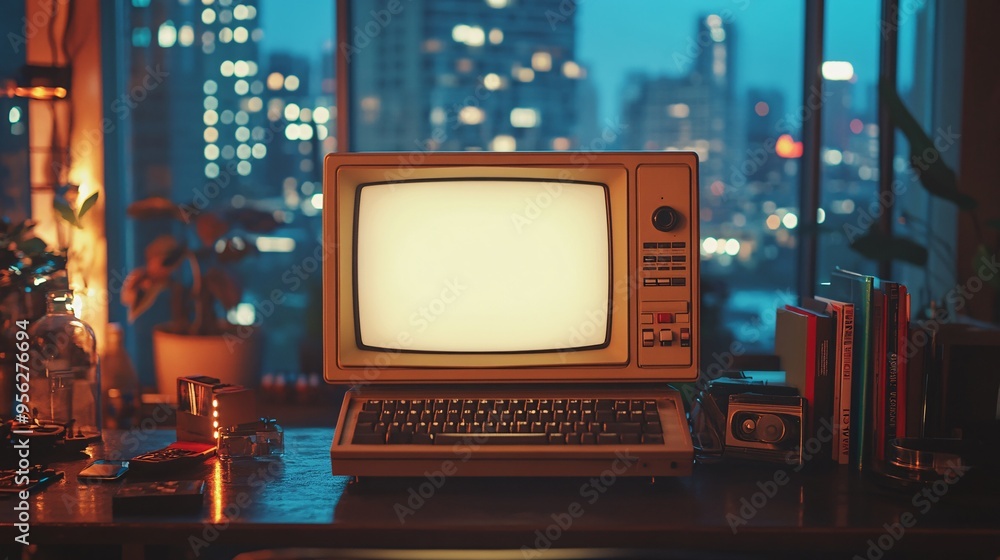 vintage retro object mock-up, 1980s computer monitor, blank screen ...