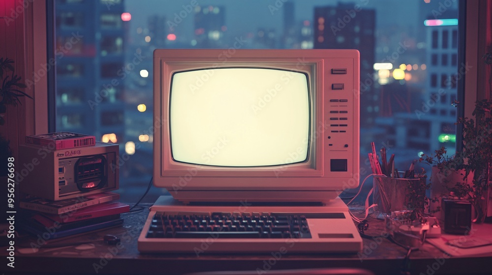 vintage retro object mock-up, 1980s computer monitor, blank screen ...