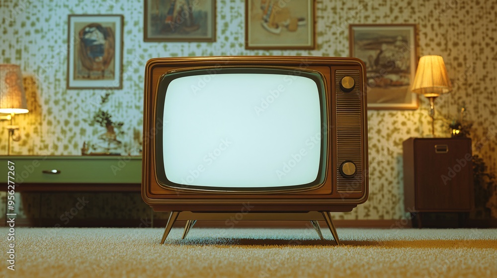 vintage retro object mock-up, old-school TV set, blank screen, curved ...