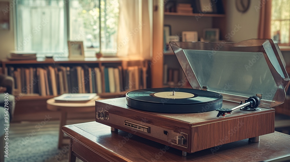 vintage retro object, classic record player, black vinyl on the ...