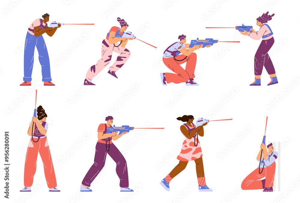Laser tag players women men with laser gun take aim shoot, vector ...