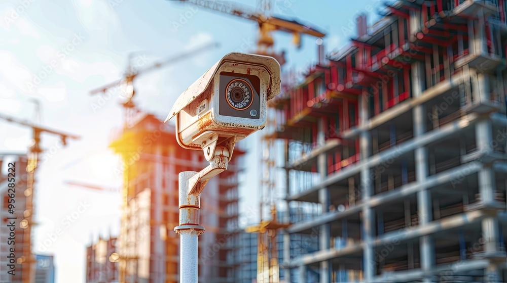 Surveillance camera at construction site CCTV technology Houses under ...
