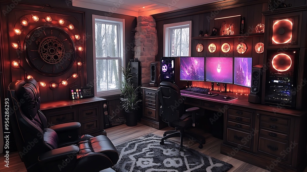 A steampunk-themed gaming room, with dark wood paneling, brass gears ...