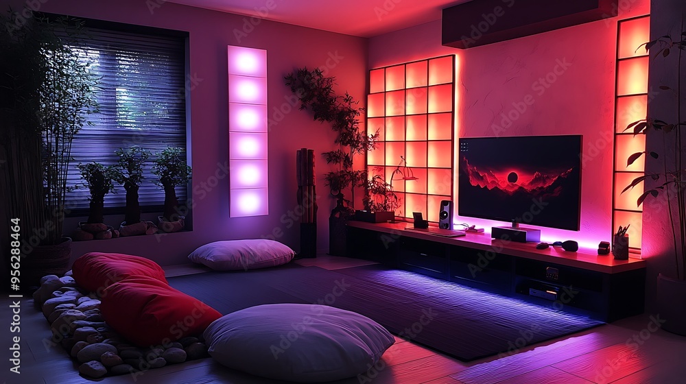 A tranquil Zen gaming room, featuring tatami mats, a low wooden desk ...