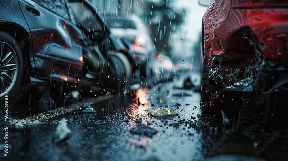 Car accident on wet road during rain head on collision side view Two ...