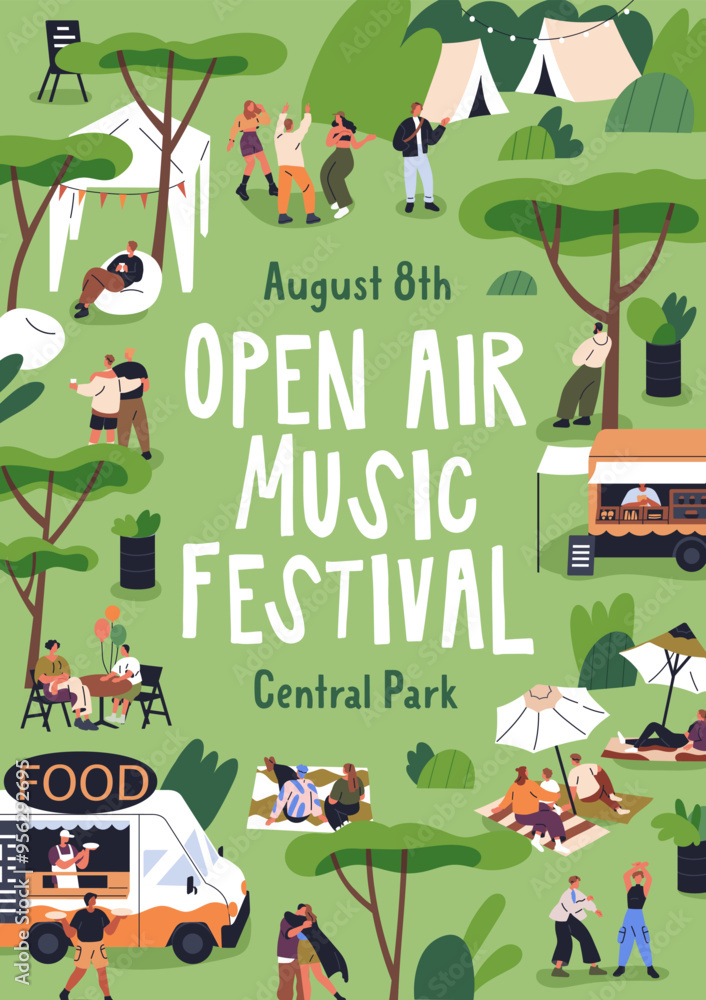 Open-air music festival, ad poster, flyer design. Outdoor summer event ...