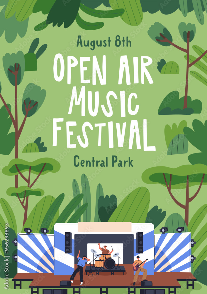 Open-air music festival poster design. Summer outdoor concert in park ...