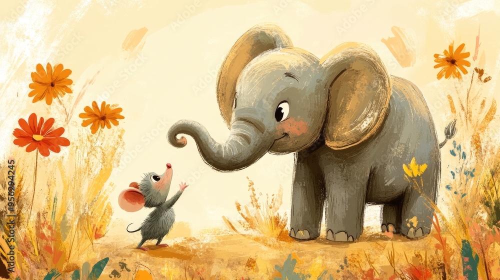 2D cartoon illustration featuring an elephant and a mouse in a playful ...