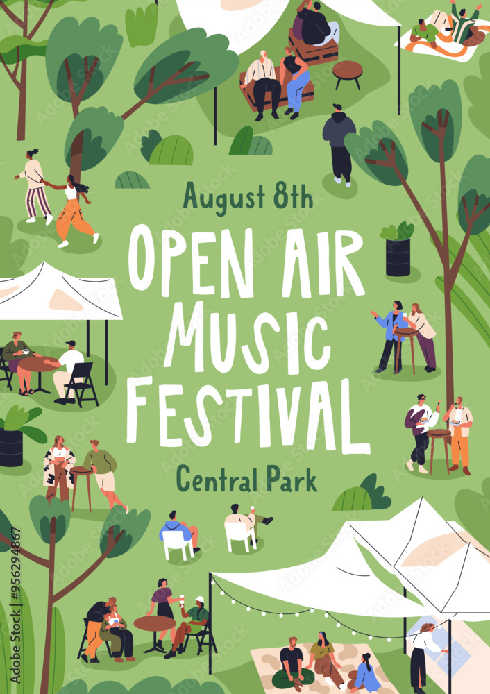 Summer open-air festival, poster design. Outdoor holiday event in park ...