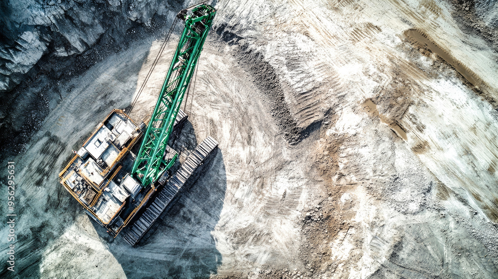 A bright green crane operates in a massive open pit mine, surrounded by ...
