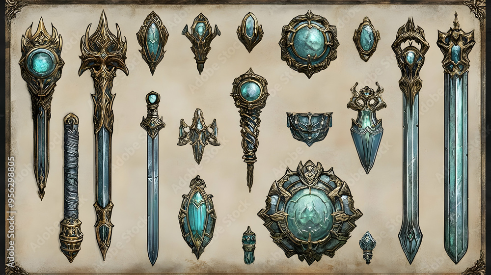 Fantasy Weapons and Armor Set Ornate Gold and Blue Gemstone Design Stock Illustration | Adobe Stock