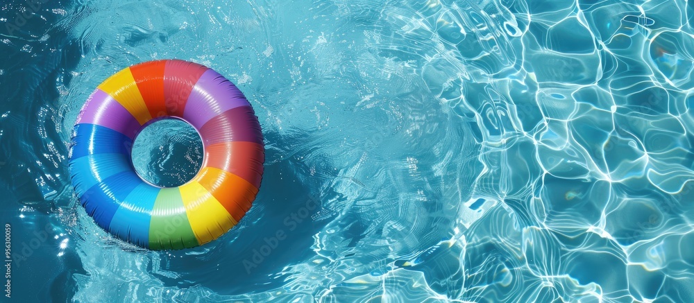 Top view of a colorful rainbow inflatable ring floating in a swimming ...