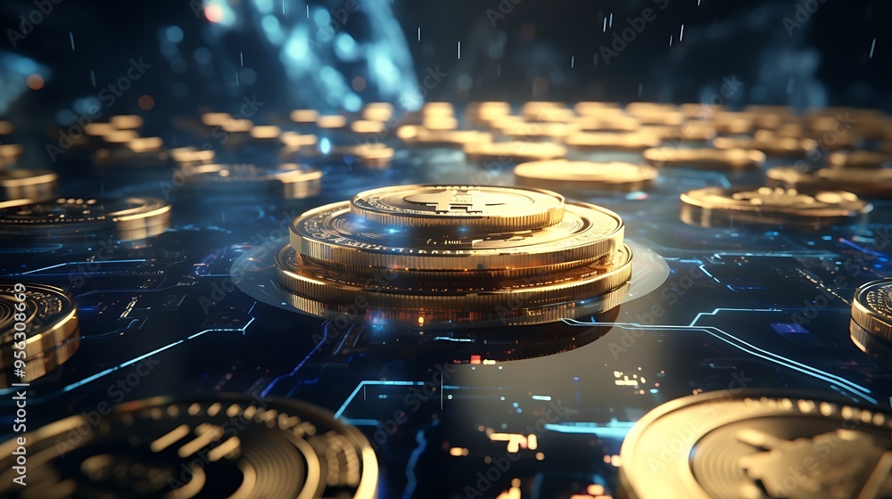 A conceptual image of coins digitizing and transforming into futuristic ...