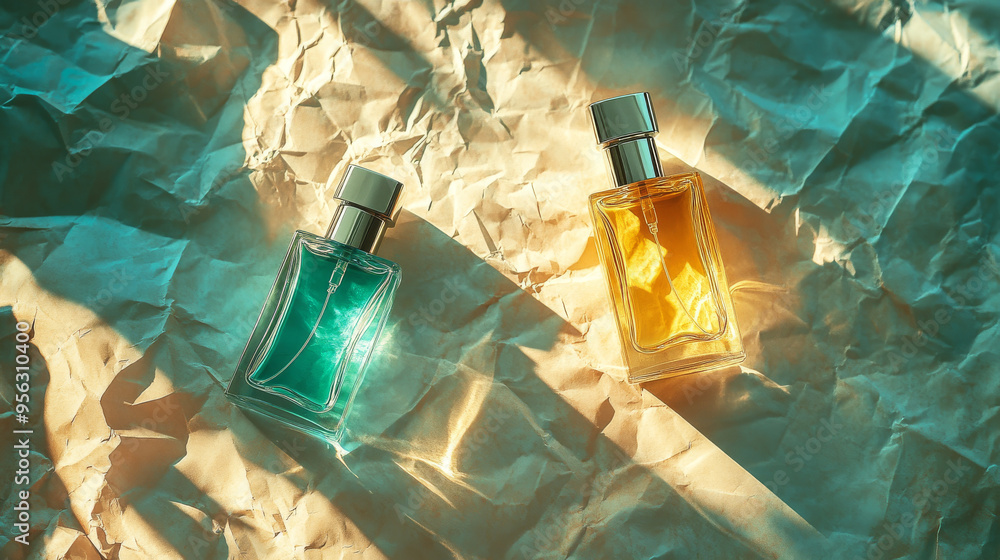 Two men's perfume bottles on a paper background, with one labeled for ...