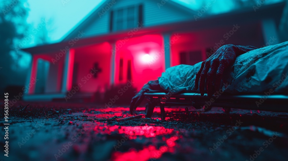 Crime Scene with a Dead Body on a Stretcher in Front of a House ...