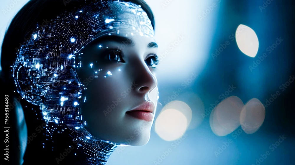 Artificial intelligence, a humanoid cyber girl with a neural network ...