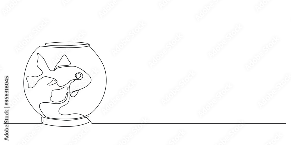 one continuous line gold fish inside round aquarium.one line drawing of ...