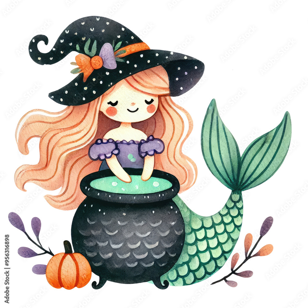 Whimsical illustration of a mermaid witch stirring a cauldron, perfect ...