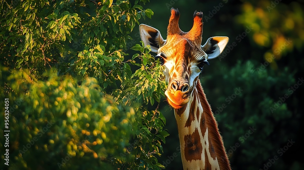 Stunning photography of a tall graceful giraffe reaching up to feed on ...