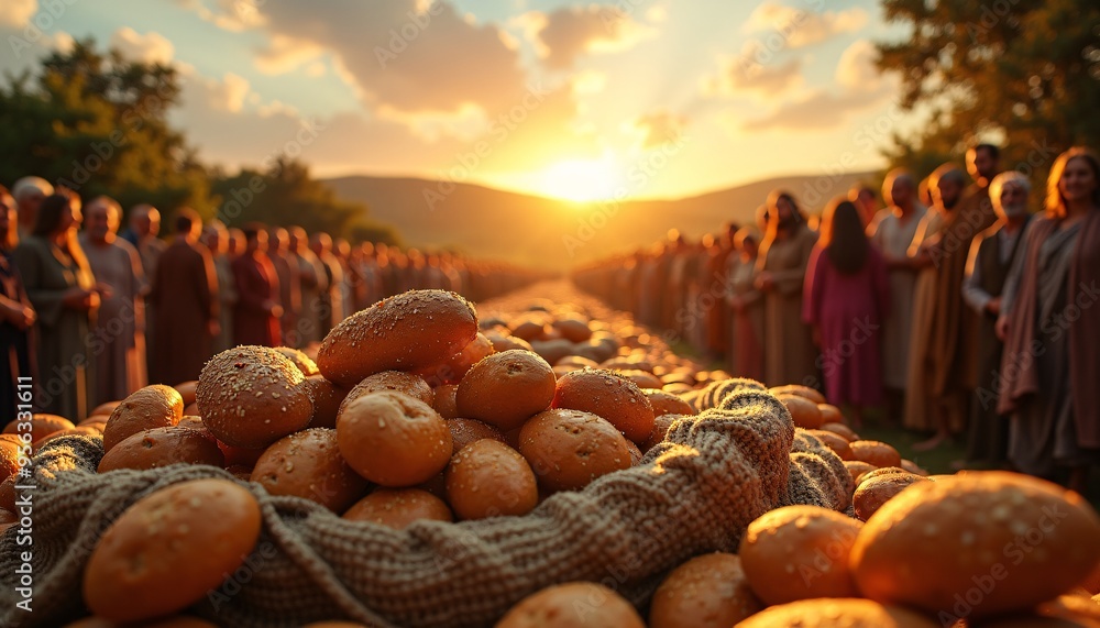 Miraculous feeding of the 5000 with loaves and fish set in a pastoral ...
