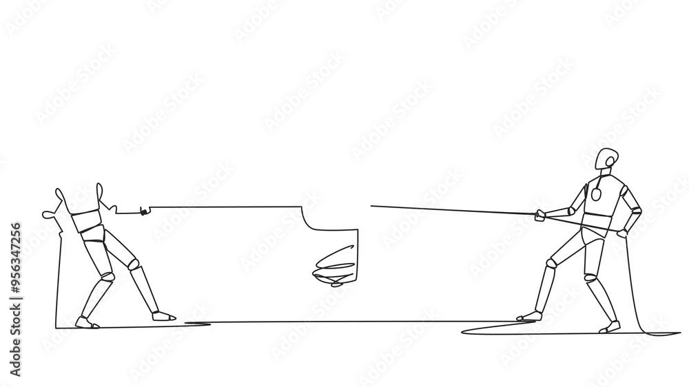 Animated self drawing of continuous one line drawing two robots fighting over lightbulb. Fierce ...