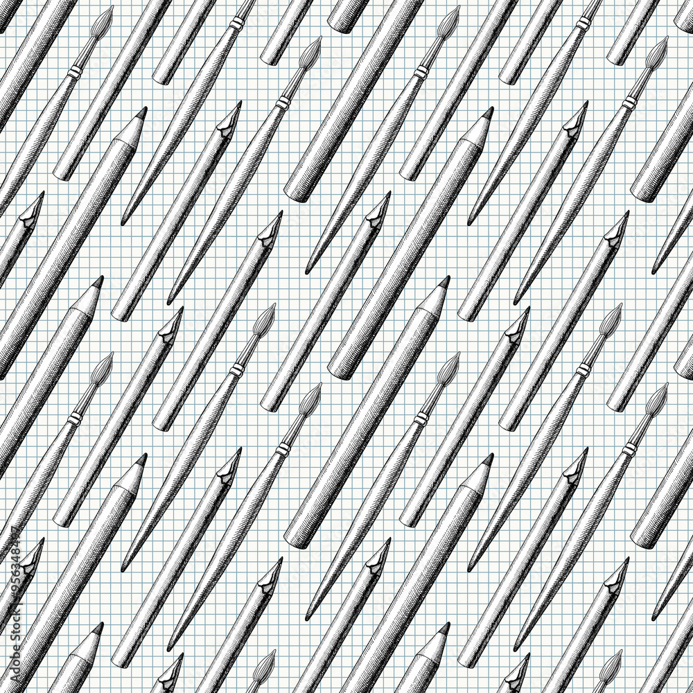 Seamless pattern with stationery, pencil, brush. Hand drawn black ...