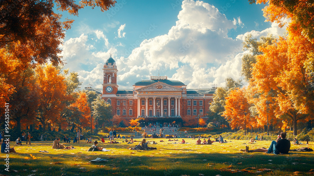 Una pintoresca escena de campus universitario con estudiantes tumbados ...