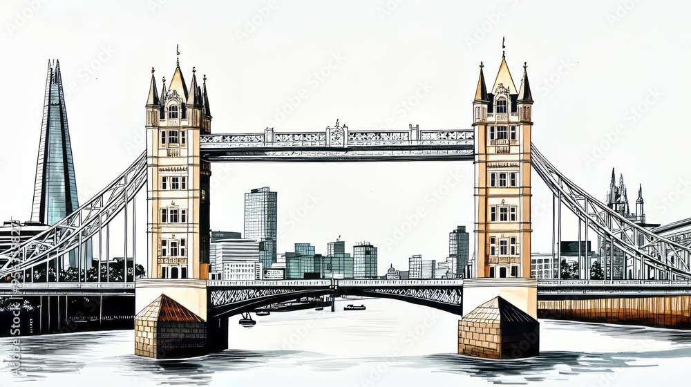 Stylized illustration of London's Tower Bridge with The Shard and city ...