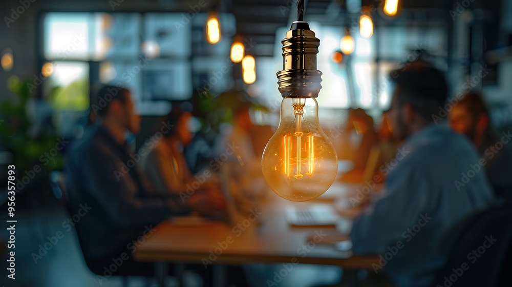 Vintage light bulb with people working in an office meeting room. The ...