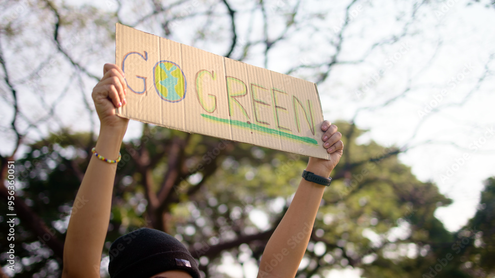 Go green people young woman hand raised showing save the earth planet ...