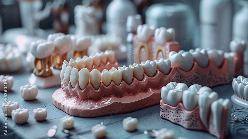 Conceptual graphic of dental prosthetics featuring crowns bridges and ...