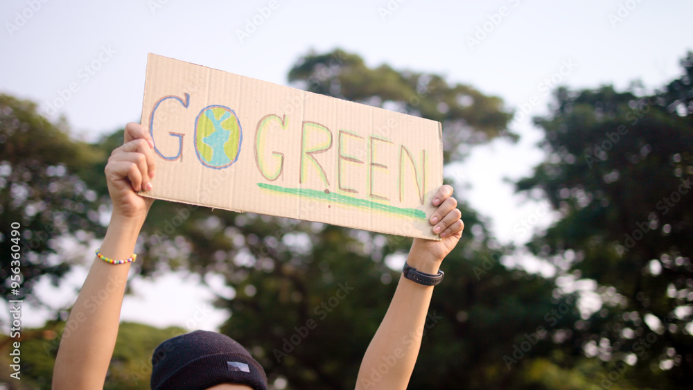 Go green people young woman hand raised showing save the earth planet ...
