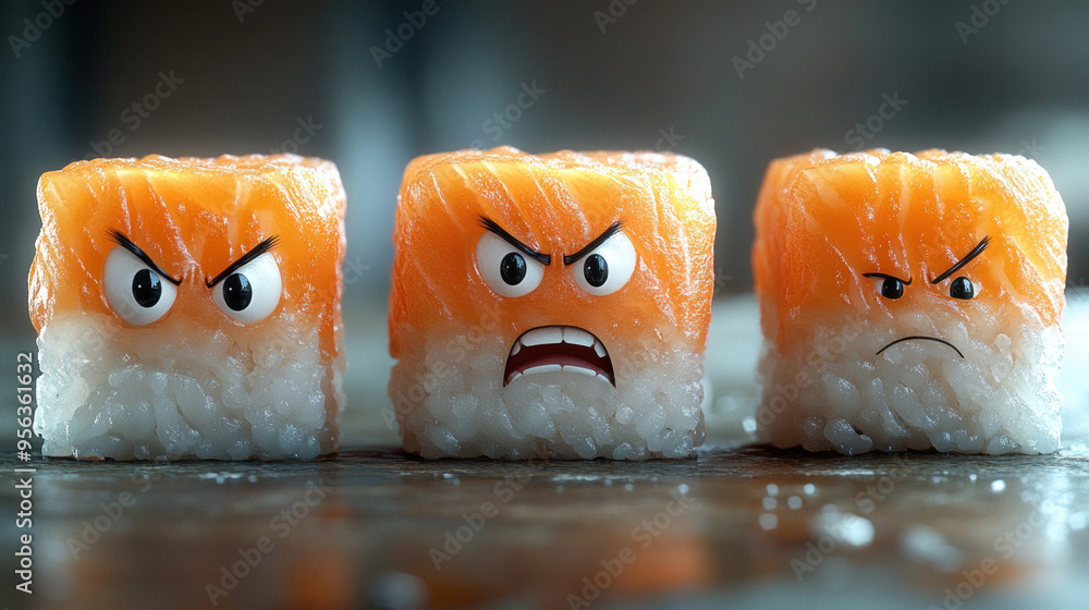 Angry Maki Sushi: Cartoon maki sushi rolls with frustrated or grumpy ...