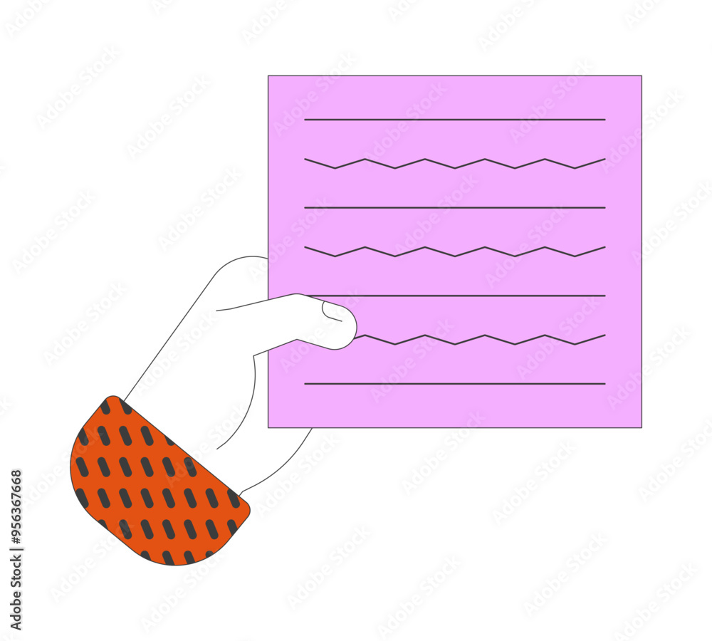 Hand holding paper cartoon illustration. Sheet with text strokes ...