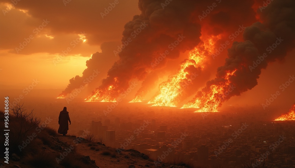 Destruction of Sodom and Gomorrah with fiery effects and dramatic ...