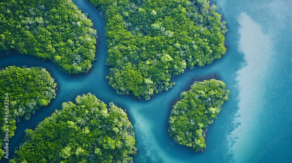 The drone captures a complex river delta where multiple channels of ...