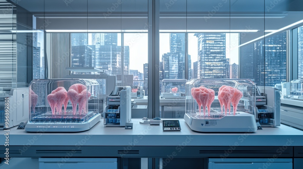 Inside a sleek laboratory set in a high-rise, scientists work with ...