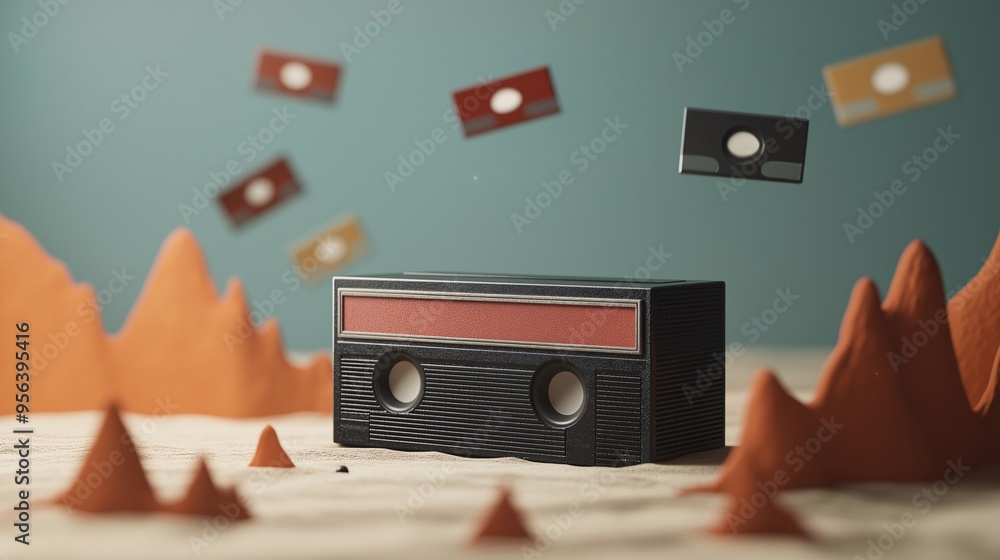 VHS Nostalgia: A vintage VHS tape stands amidst a surreal landscape of ...