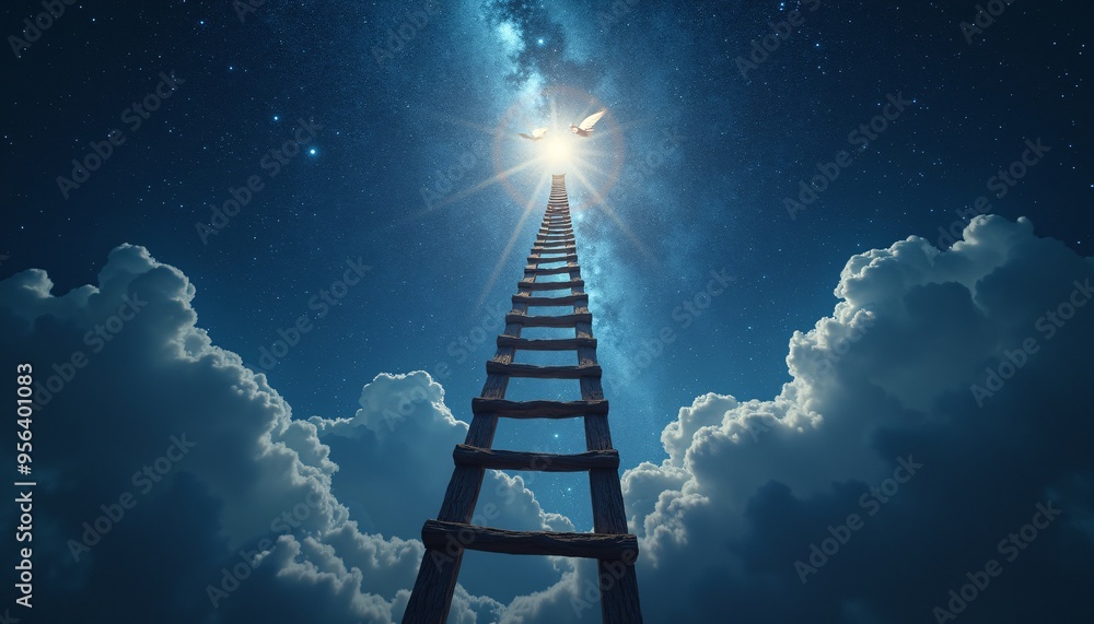 Jacob’s dream of a ladder with angels ascending and descending in a ...