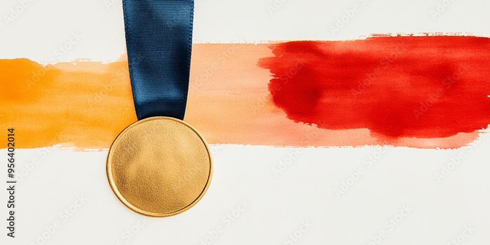Watercolor painting of gold medal with blue ribbon soft pastel colors ...