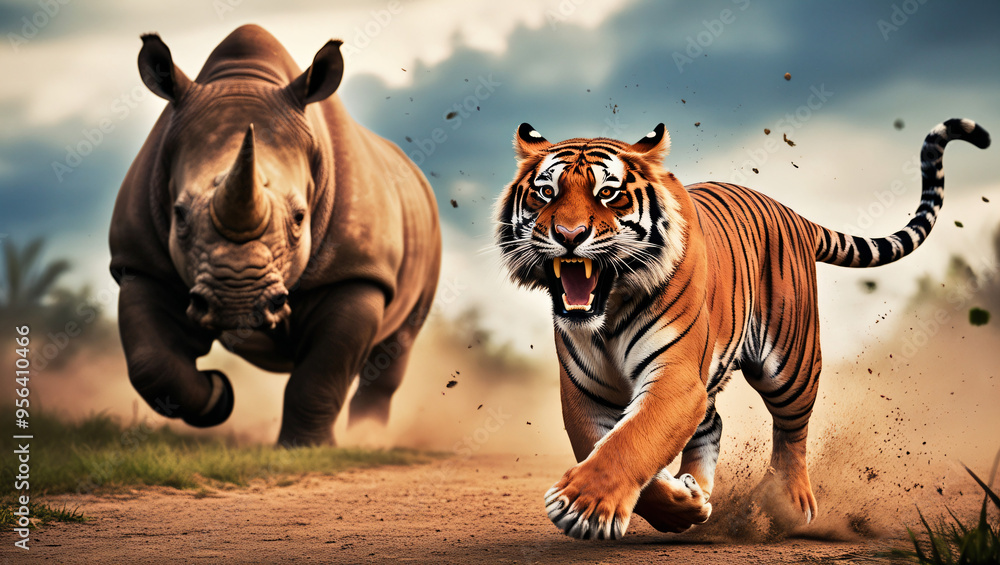 Illustration of a photo of a wild animal, a tiger running and being ...