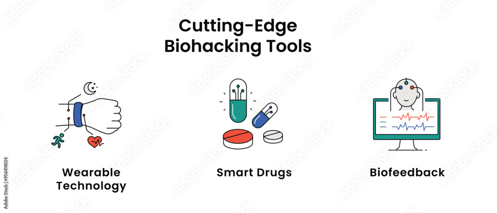 Biohacking and Longevity Illustration. Including Nootropics, Red Light ...