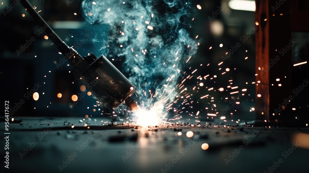 Flash of light from a welding torch in a workshop, with sparks flying ...