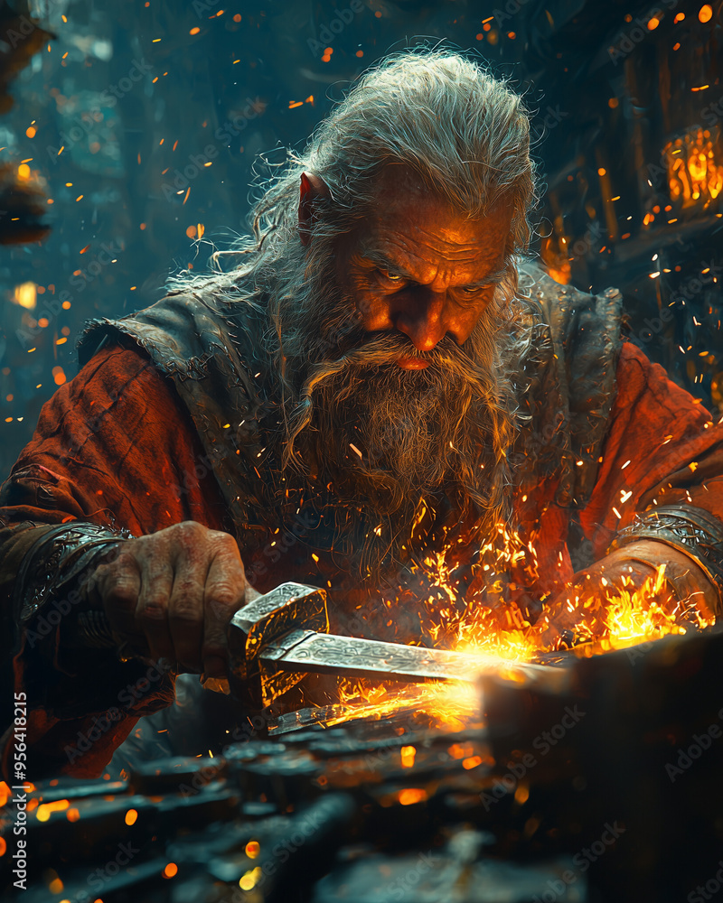 Fotografía dwarf blacksmith forging weapons in a fiery forge ...